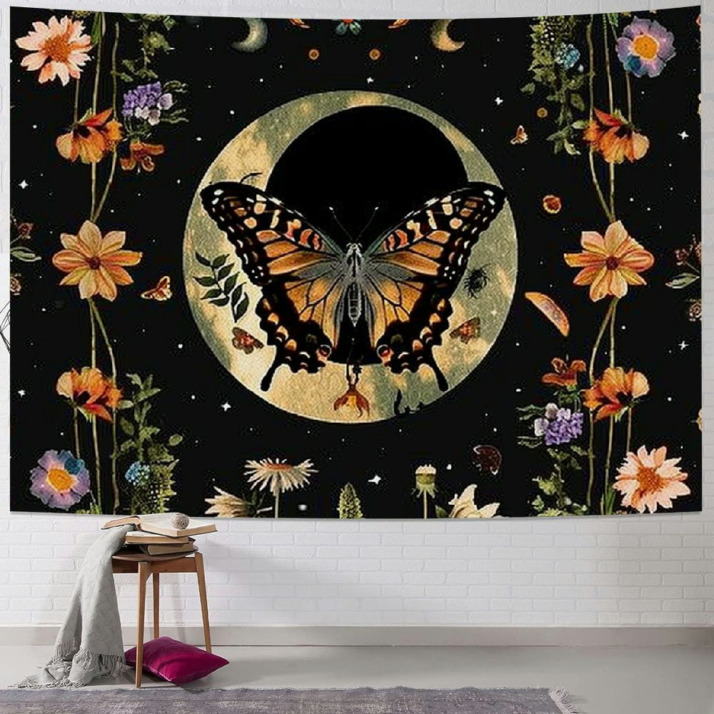 Fenyluxe Boho Butterfly Tapestry for Bedroom, Floral Moon Phase ...