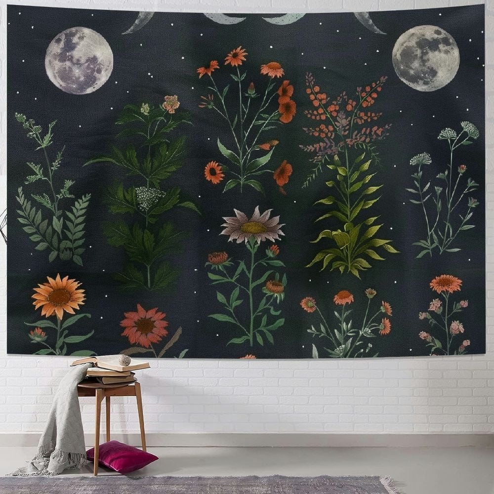 Fenyluxe Botanical Moon Phase Tapestry - Floral Plants Boho Tapestry ...