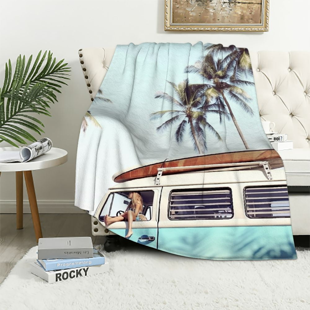 Fenyluxe Bus Palm Tree Surfboard Throw Blanket Ideal Comfy All Seasons ...