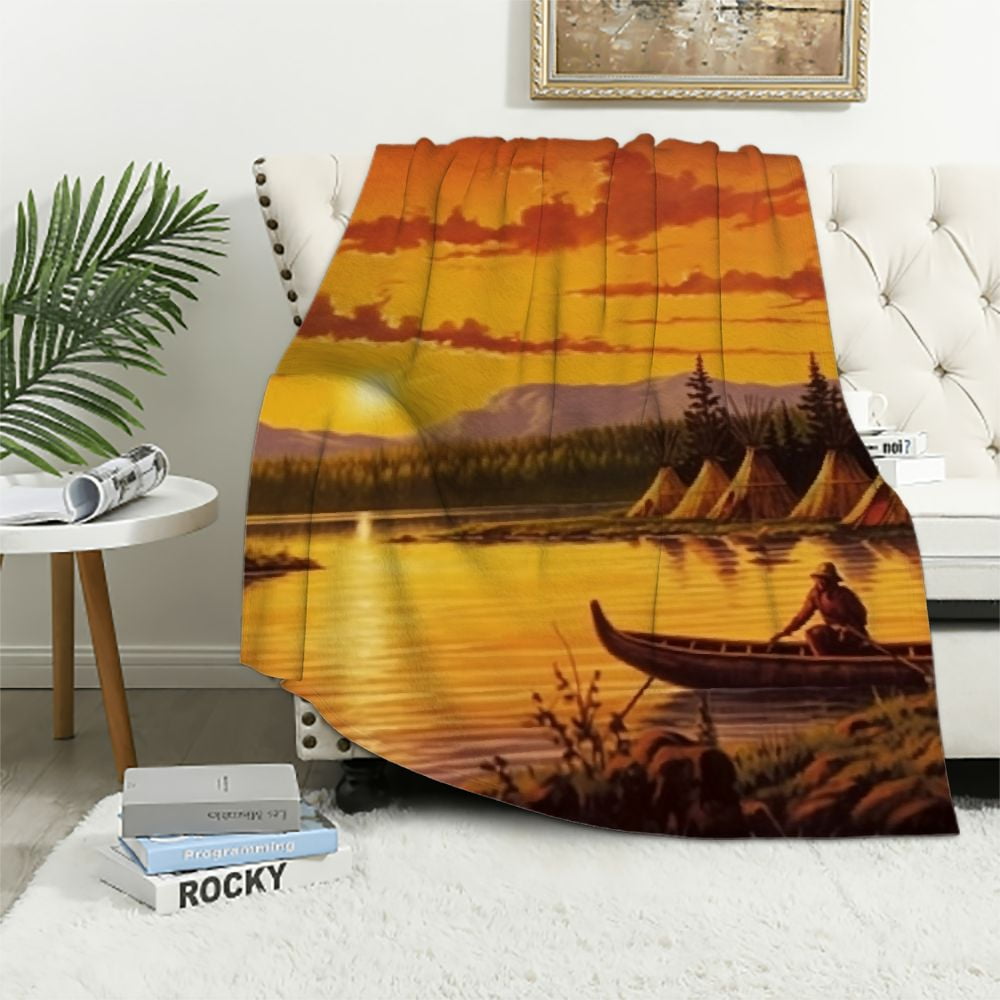 Fenyluxe Canoe Sunset Village Flannel Throw Blanket for Couch Sofa Bed ...