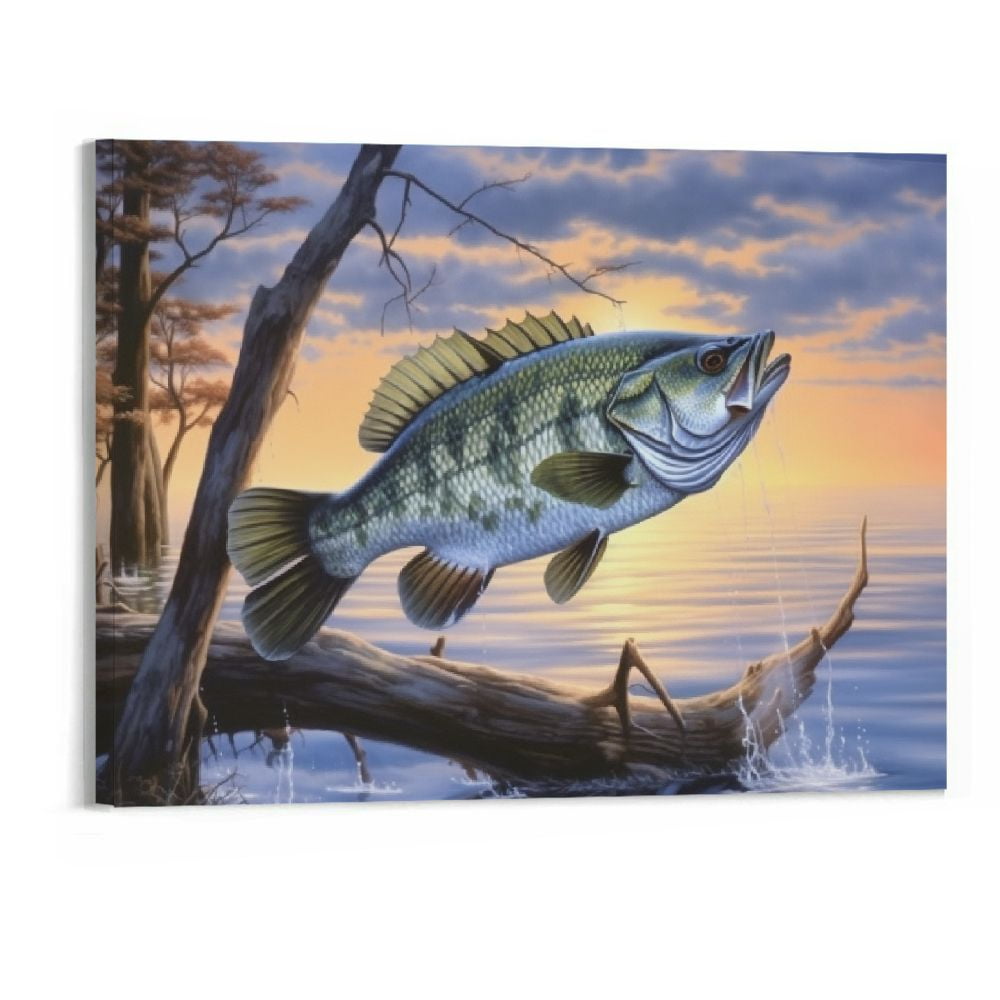 Fenyluxe Canvas Print Wall Art - Sunset Bass Fish Jumping Out of The ...