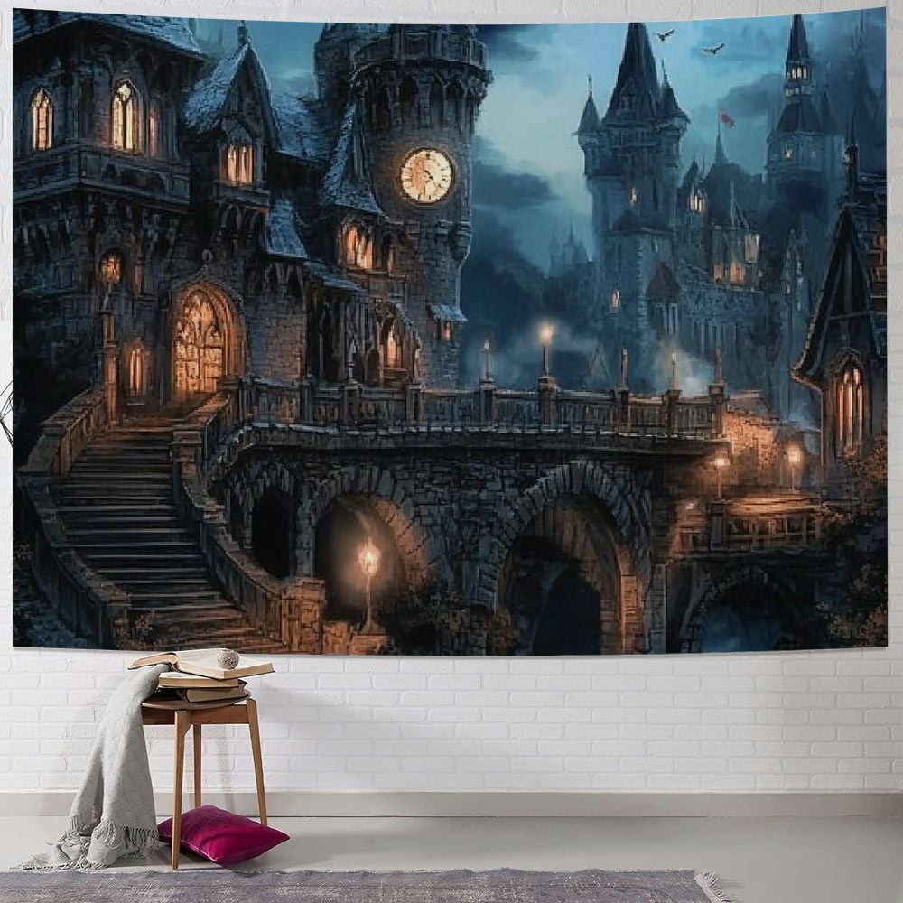 Fenyluxe Castle Full Moon Night Tapestry, Wolf Fantasy Medieval Town ...