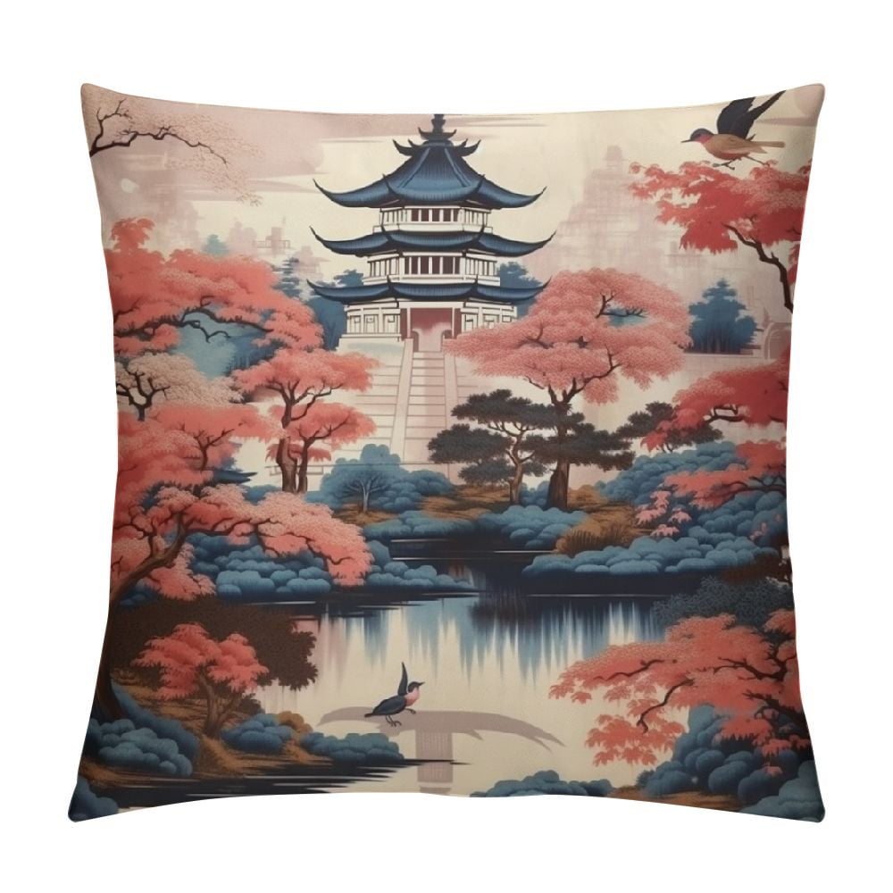 Fenyluxe Chinoiserie Pagoda Scenery Pillow Covers White Coral Blue Navy