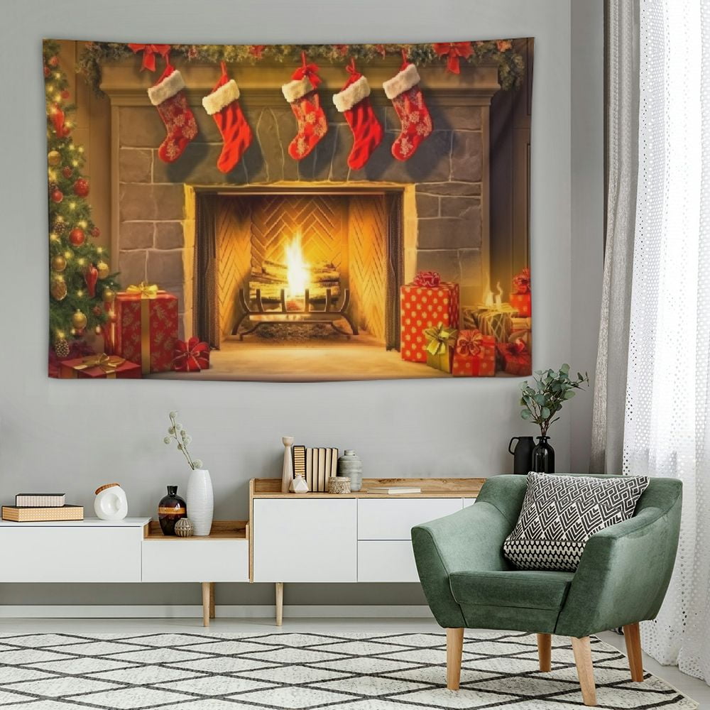 Fenyluxe Christmas Fireplace Tapestry Wall Hanging Christmas Tree with ...