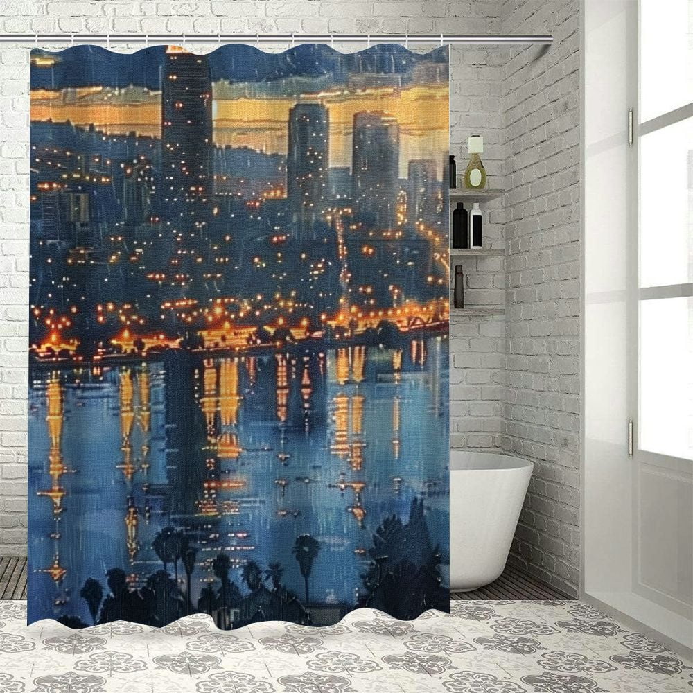 Fenyluxe City Skyline River Bridge Shower Curtains Set with Hooks 100% ...