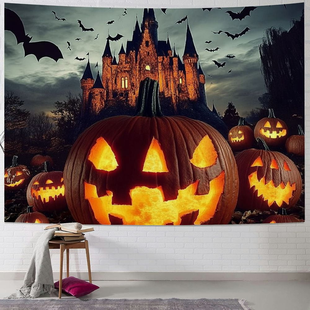 Fenyluxe Creepy Halloween Tapestry, Horror Haunted House Orange Pumpkin ...