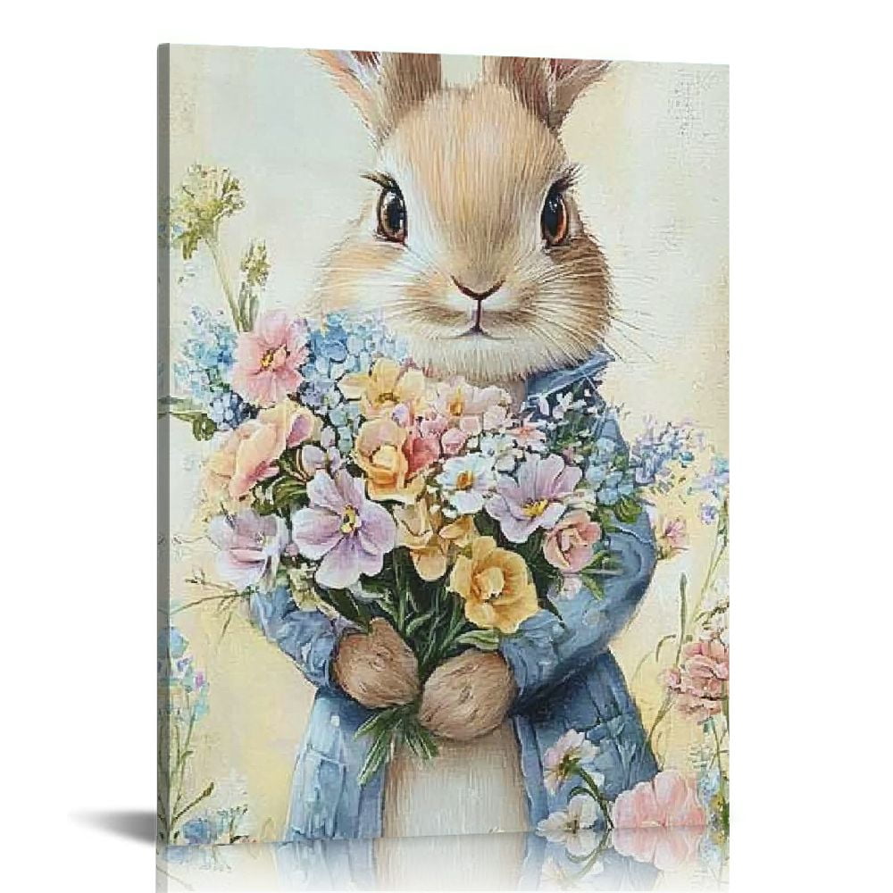 Fenyluxe Easter Bunny Canvas Wall Art Cute Rabbit with Flowers Print ...