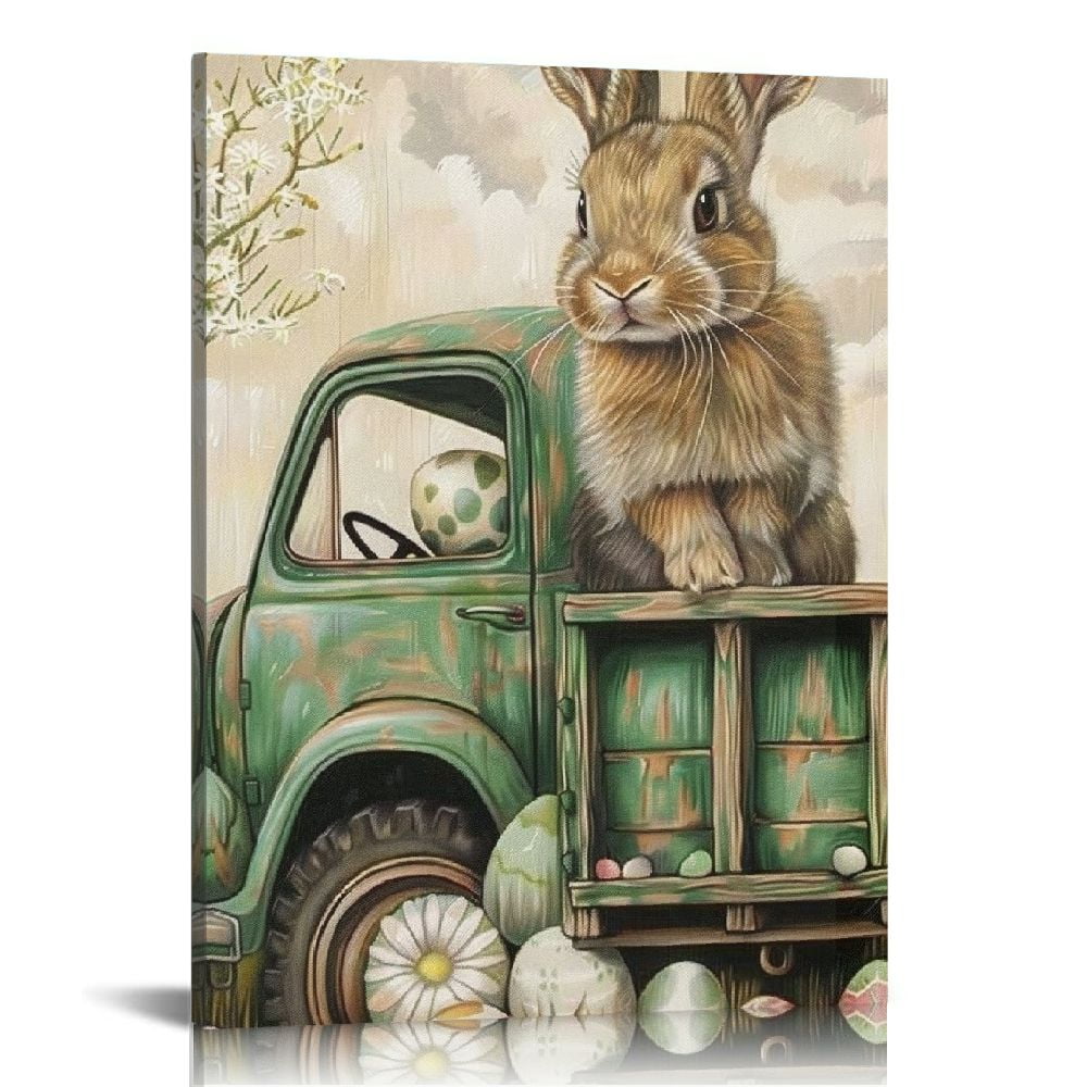 Fenyluxe Easter Bunny Truck Canvas Wall Art, Green Brown Vintage Easter ...