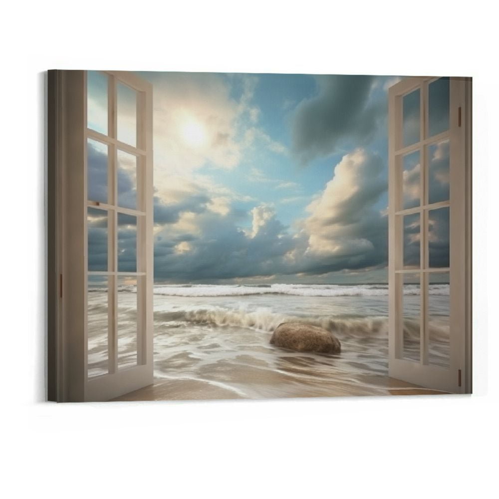 Fenyluxe Fake Window Canvas Wall Art: Open Window View Rocky Beach with ...