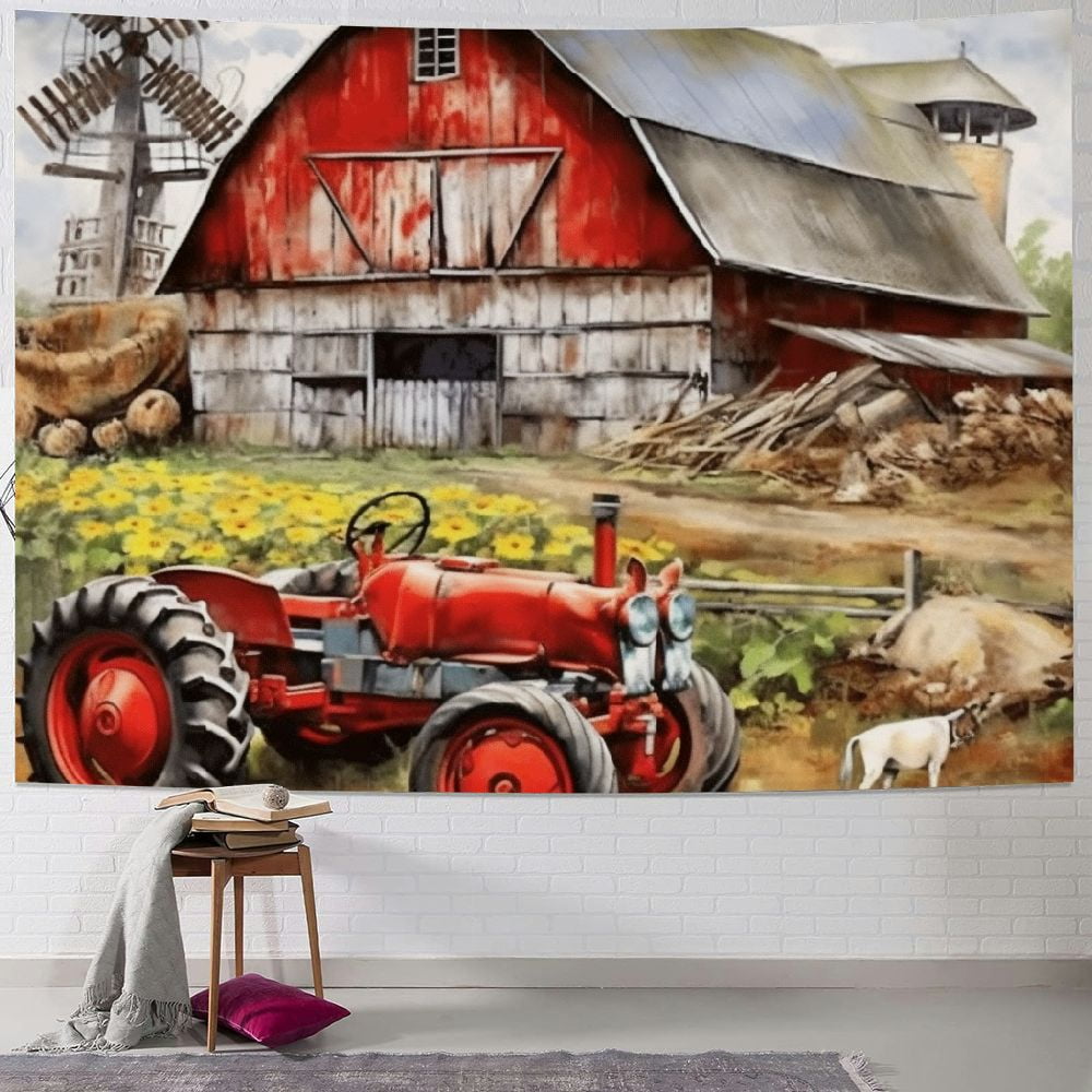 Fenyluxe Farm Scene Tractor Animals Tapestry Wall Hanging Bedroom Dorm ...