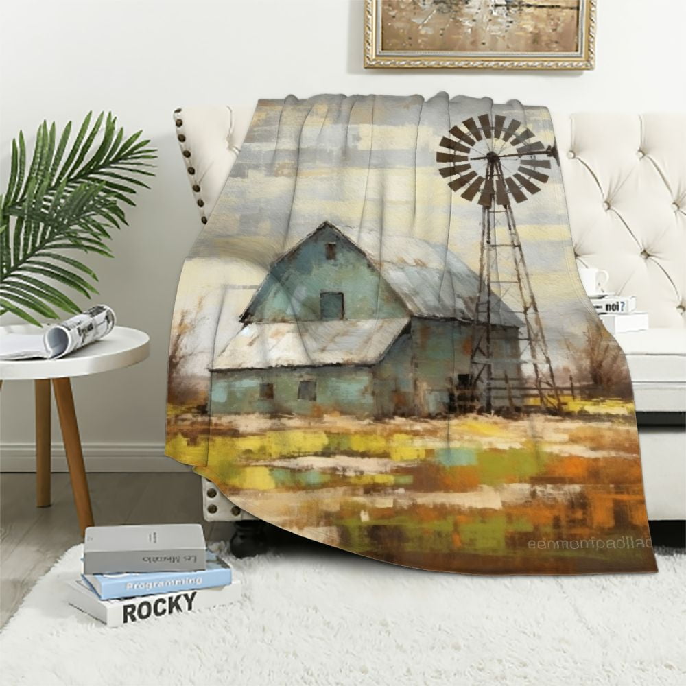 Fenyluxe Farm Windmill Throw Blanket Flannel for Bed Couch Sofa Chair ...