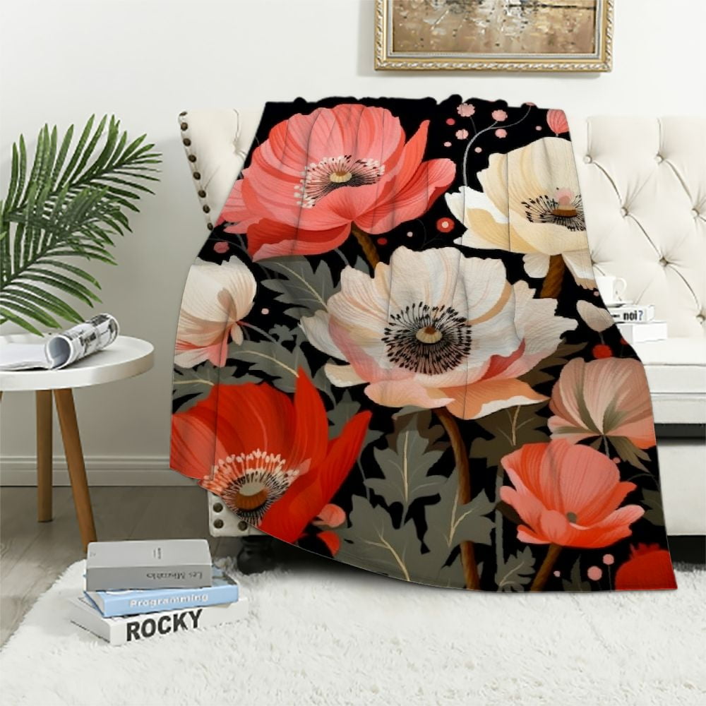 Fenyluxe Flowers Black Background Red and White Flower Throw Blanket ...