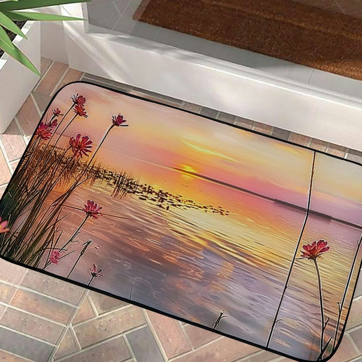 Fenyluxe Flowers Sunset Low-Profile Indoor/Outdoor Front Door Mat Set ...