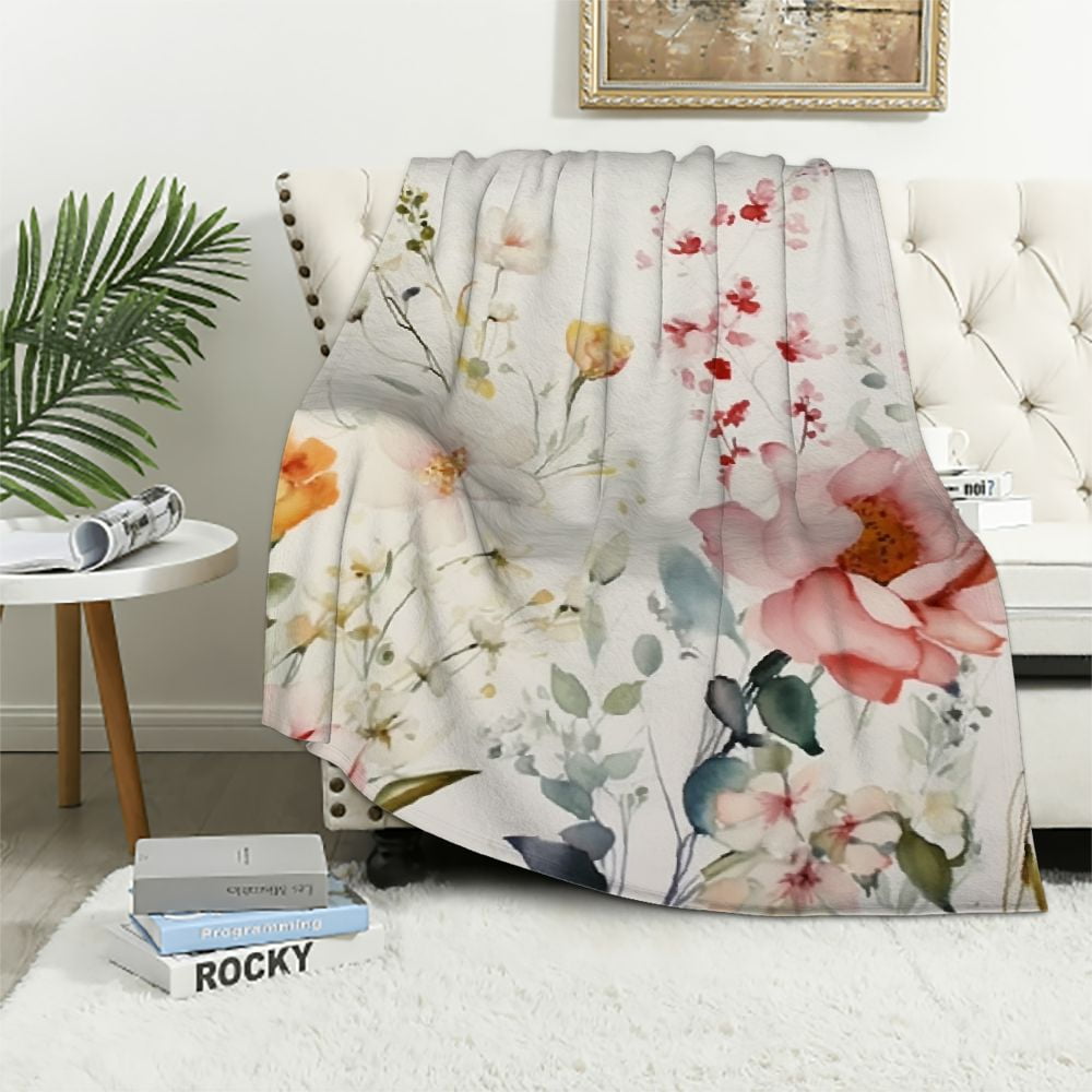 Fenyluxe Flowers Watercolor Painting Print Throw Blanket for Bed Couch ...