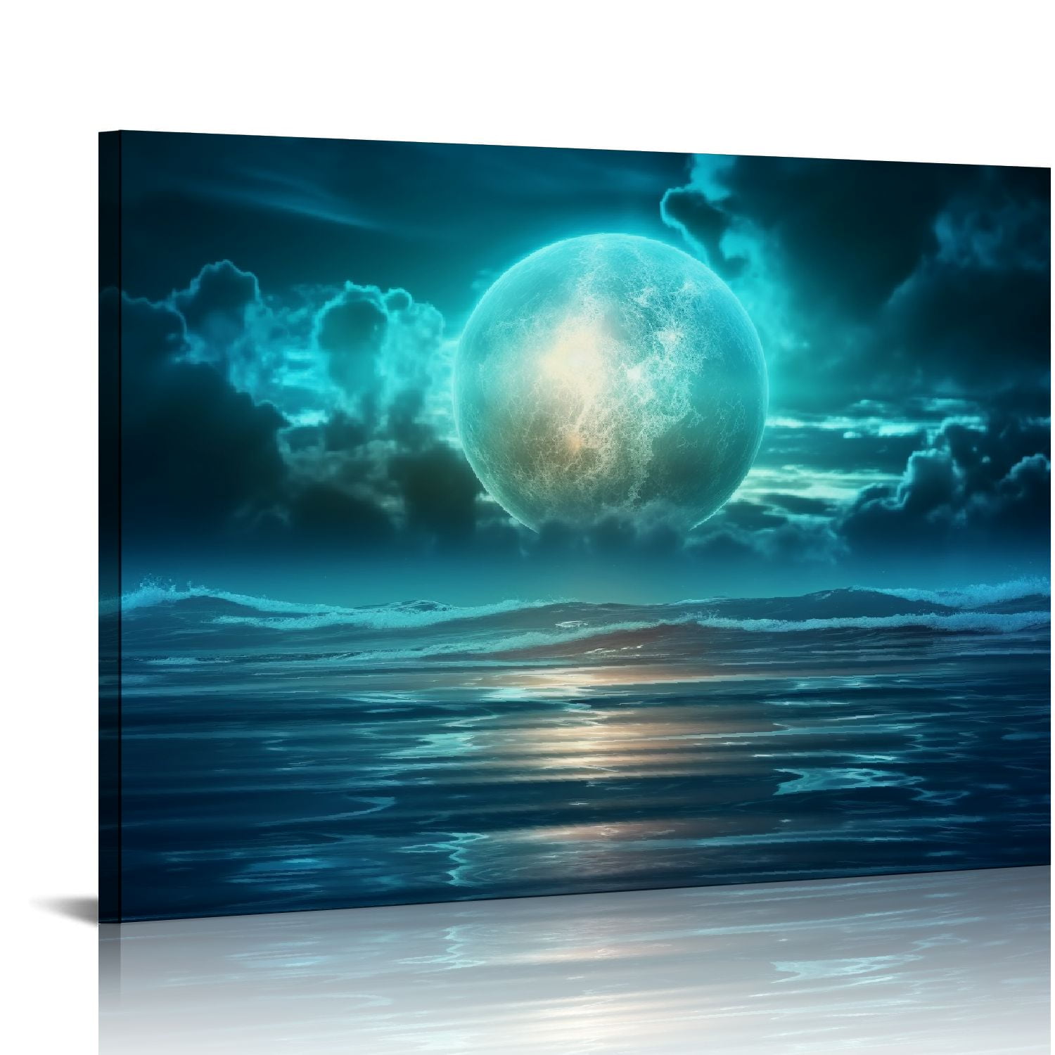 Fenyluxe Full Moon Ocean Waves Wall Art Moon Night Canvas Pictures Dark ...