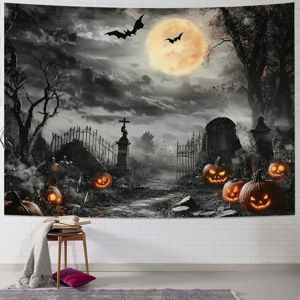 Fenyluxe Gray Halloween Tapestry Wall Hanging Spooky Flying Witch Tree ...