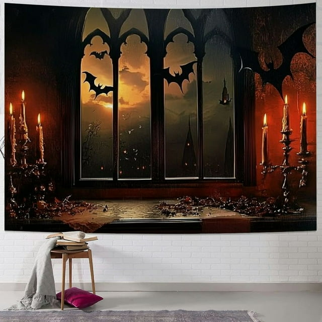 Fenyluxe Halloween Tapestry Wall Hanging Horror Castle Window Tapestry ...