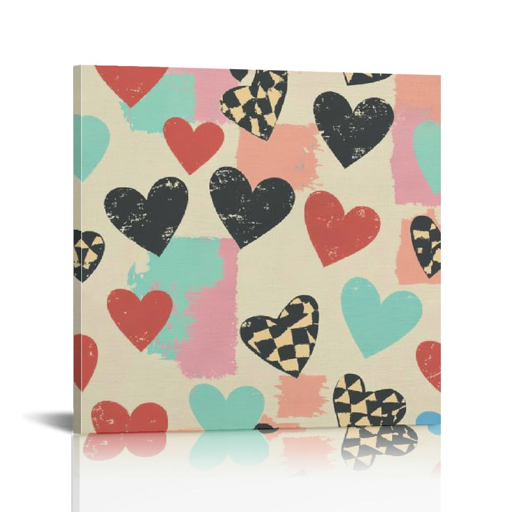 Fenyluxe Hearts Stars Checkered Pattern Canvas Wall Art Ready to Hang ...