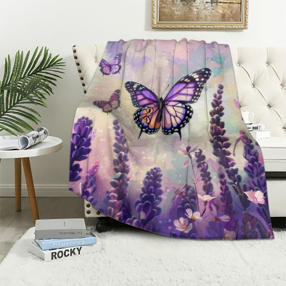 Fenyluxe Lavender Butterfly Throw Blanket, Blanket Gifts for Kids Girls ...