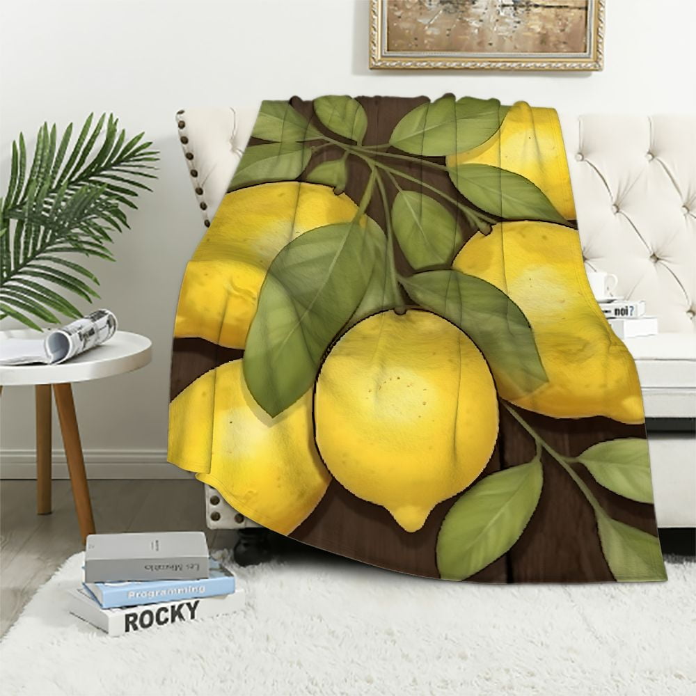 Fenyluxe Leaves Lemon Wooden Background Flannel Throw Blanket for Couch ...