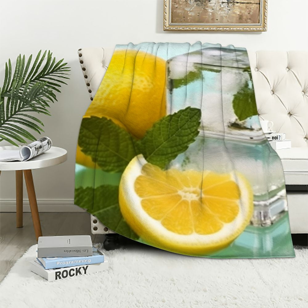 Fenyluxe Lemon Slices Ice Cubes Mint Throw Blankets for Sofa Couch Cozy ...