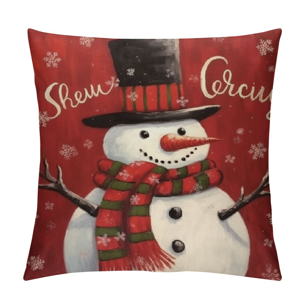 Fenyluxe Let It Snow Snowman Christmas Red Throw Pillow Covers Winter Holiday Cushion Case