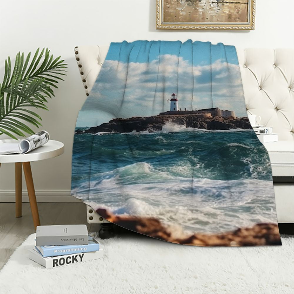 Fenyluxe Lighthouse Rocky Shore Body of Water Flannel Throw Blanket for ...