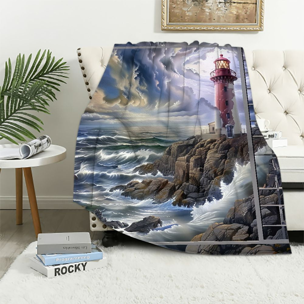 Fenyluxe Lighthouse Waves Rocks Print Flannel Throw Blanket All Seasons ...