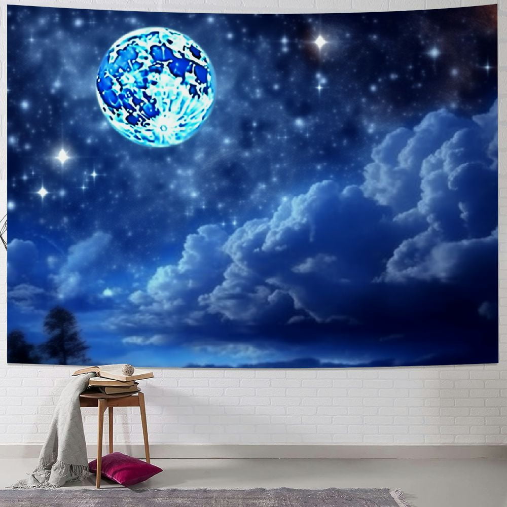 Fenyluxe Moon Tapestry Blue Sky Night Cloud Crescent Tapestry a Large Flannel Fabric Moonlight ...