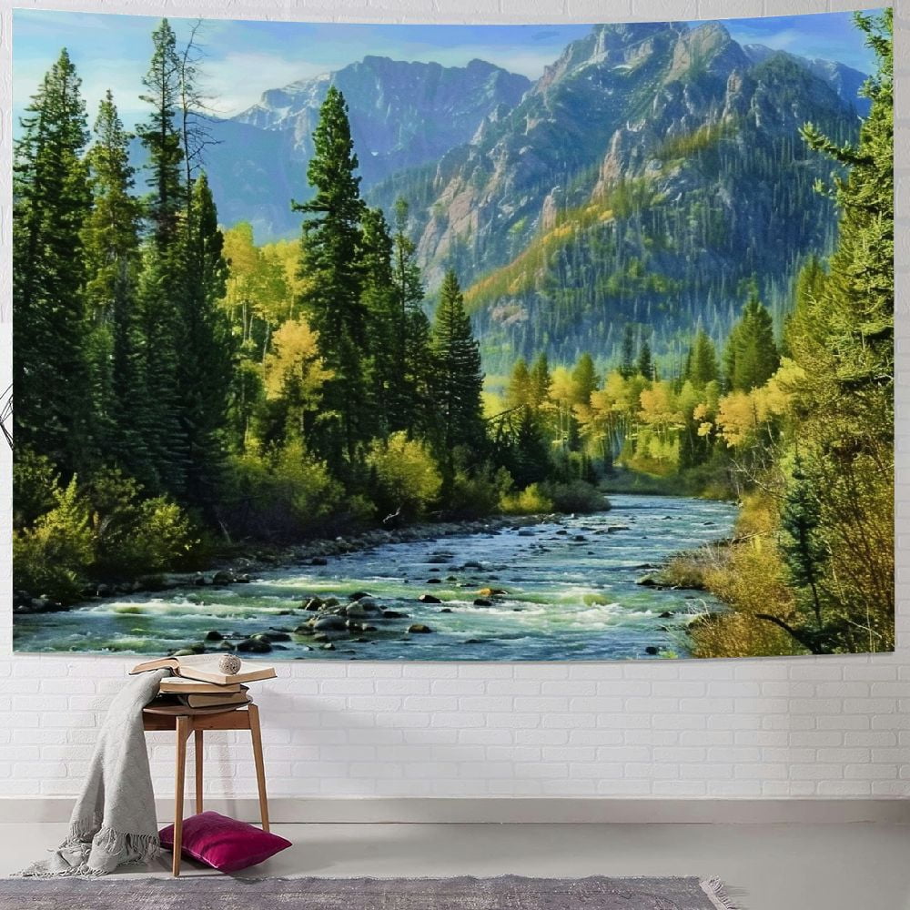 Fenyluxe Nature Mountain Forest Tapestry, Scenic Green Pine Tree ...