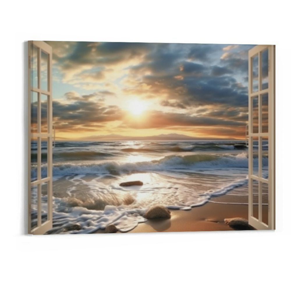 Fenyluxe Ocean Open Window Wall Art: Lake Under Sunset Canvas Painting ...