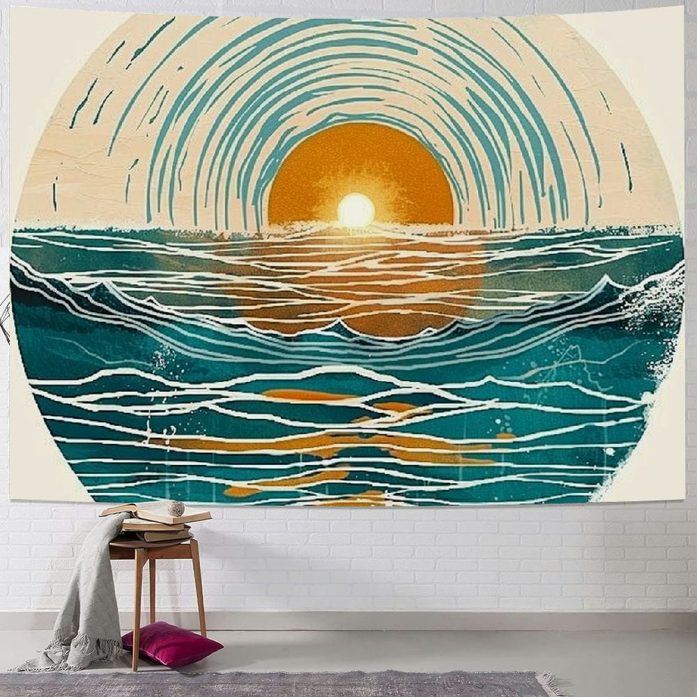 Fenyluxe Ocean Sunrise Wall Tapestry Waves Mid Century Modern Style ...