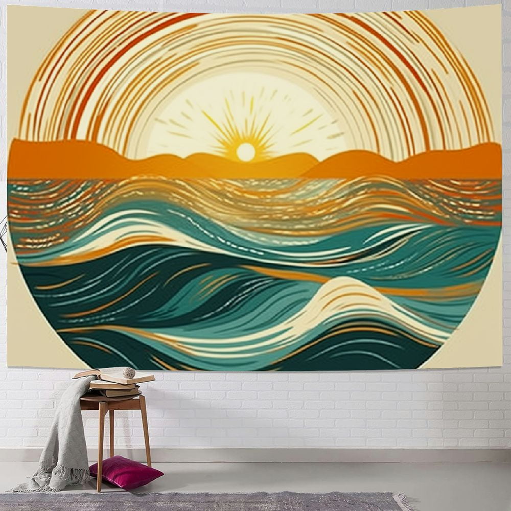 Fenyluxe Ocean Sunrise Wall Tapestry Waves Mid Century Modern Style ...