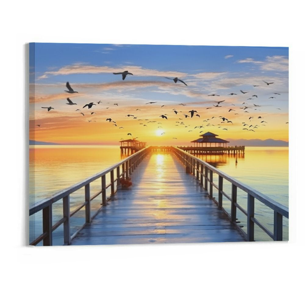Fenyluxe Oil Painting Wall Art Ocean Sea View Sunset Painting Printed Plank Bridge and Bird ...