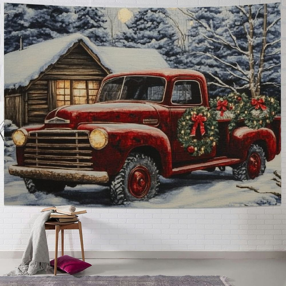Fenyluxe Red Pickup Truck In The Snow With Lights Tapestry As Wall Art ...