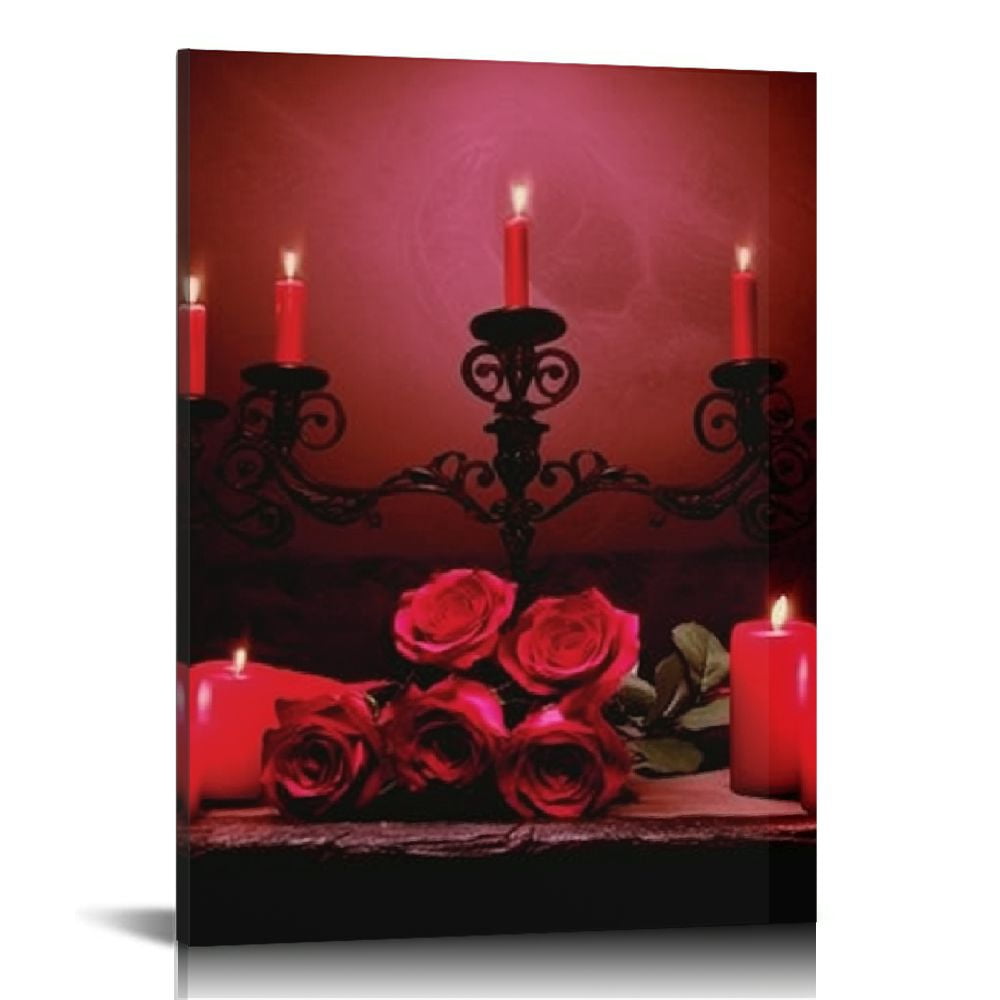 Fenyluxe Red Rose Candles Romantic Canvas Wall Decor for Home Living ...
