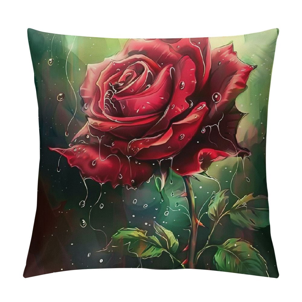 Fenyluxe Red Rose Water Droplets Green Background Square Pillow Cover ...