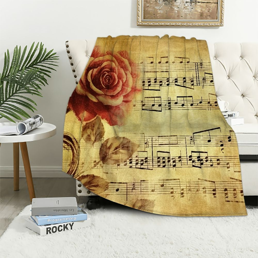Fenyluxe Rose Music Notes Print Throw Blanket for Bed Couch Car ...