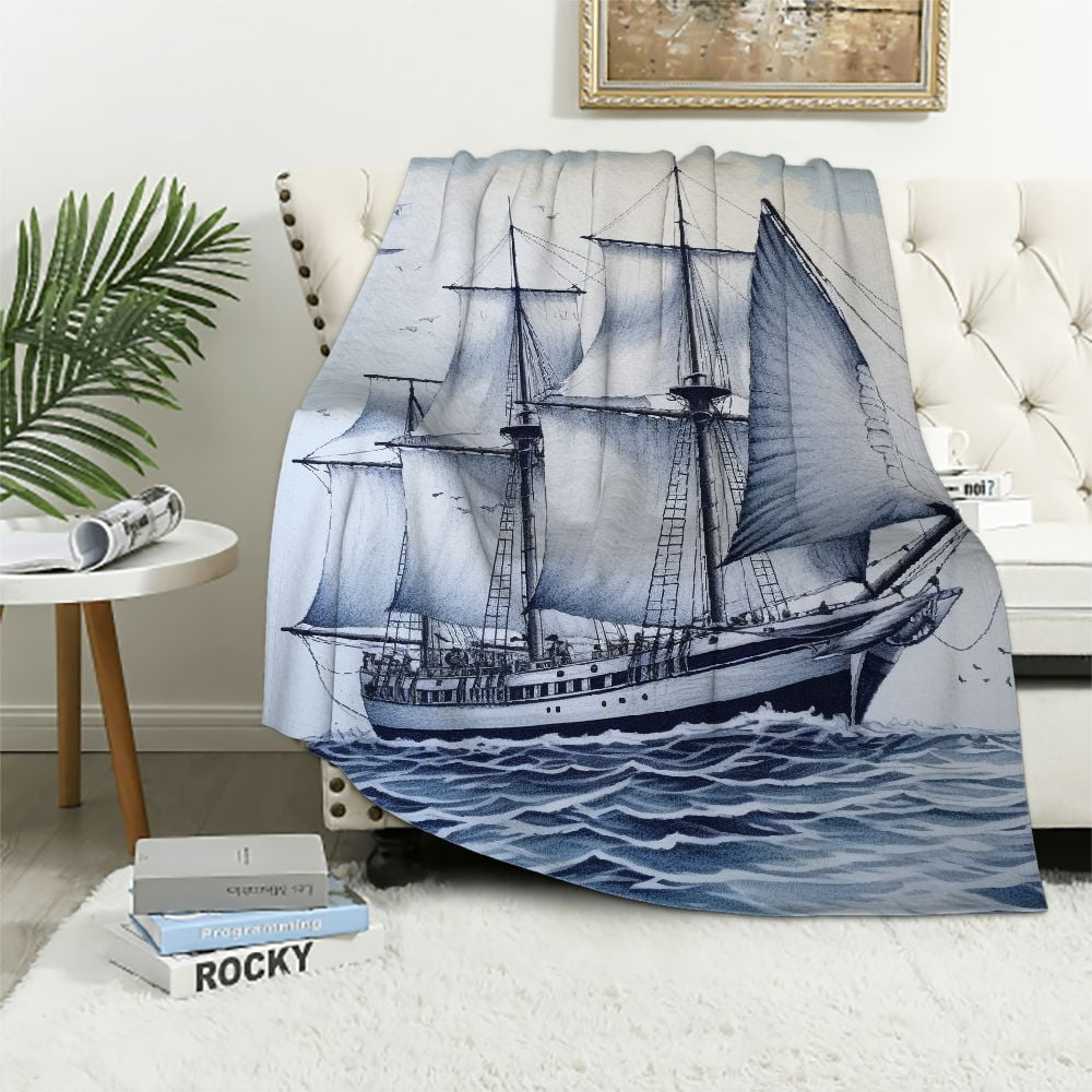 Fenyluxe Sailboat Ocean Bird Print Throw Blanket for Bed Couch Car, Super Soft Blanket for All ...