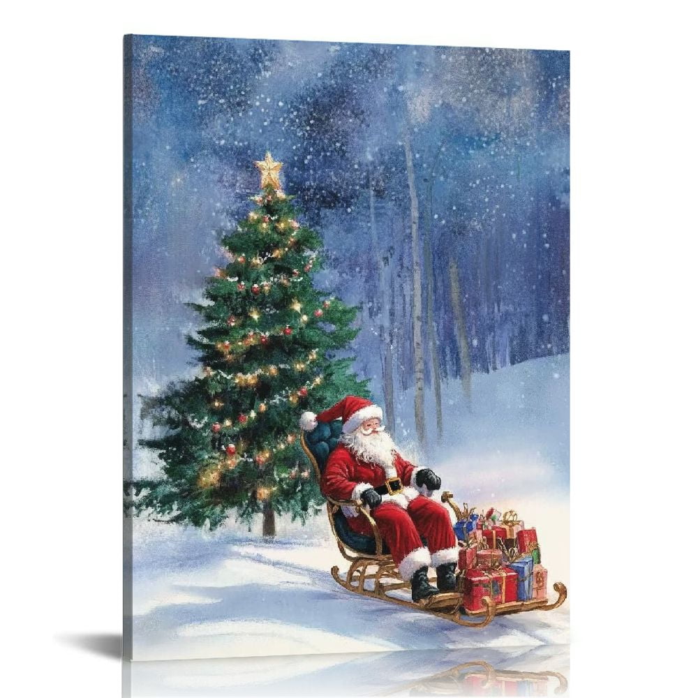 Fenyluxe Santa Claus Sleigh Christmas Tree Canvas Ready to Hang Art ...