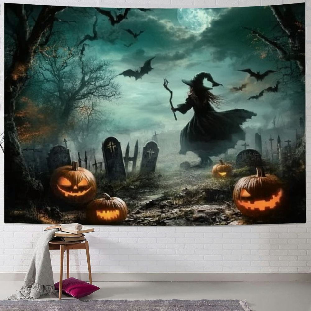 Fenyluxe Scary Halloween Tapestry Spooky Witch and Bat Flying over Full ...