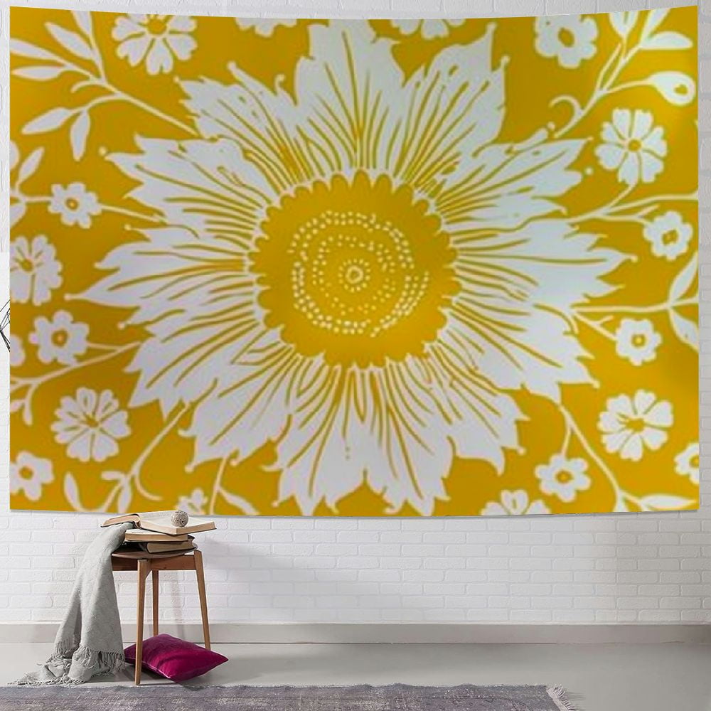 Fenyluxe Sketched Floral Medallion Yellow Tapestry, Bohemian Mandala ...