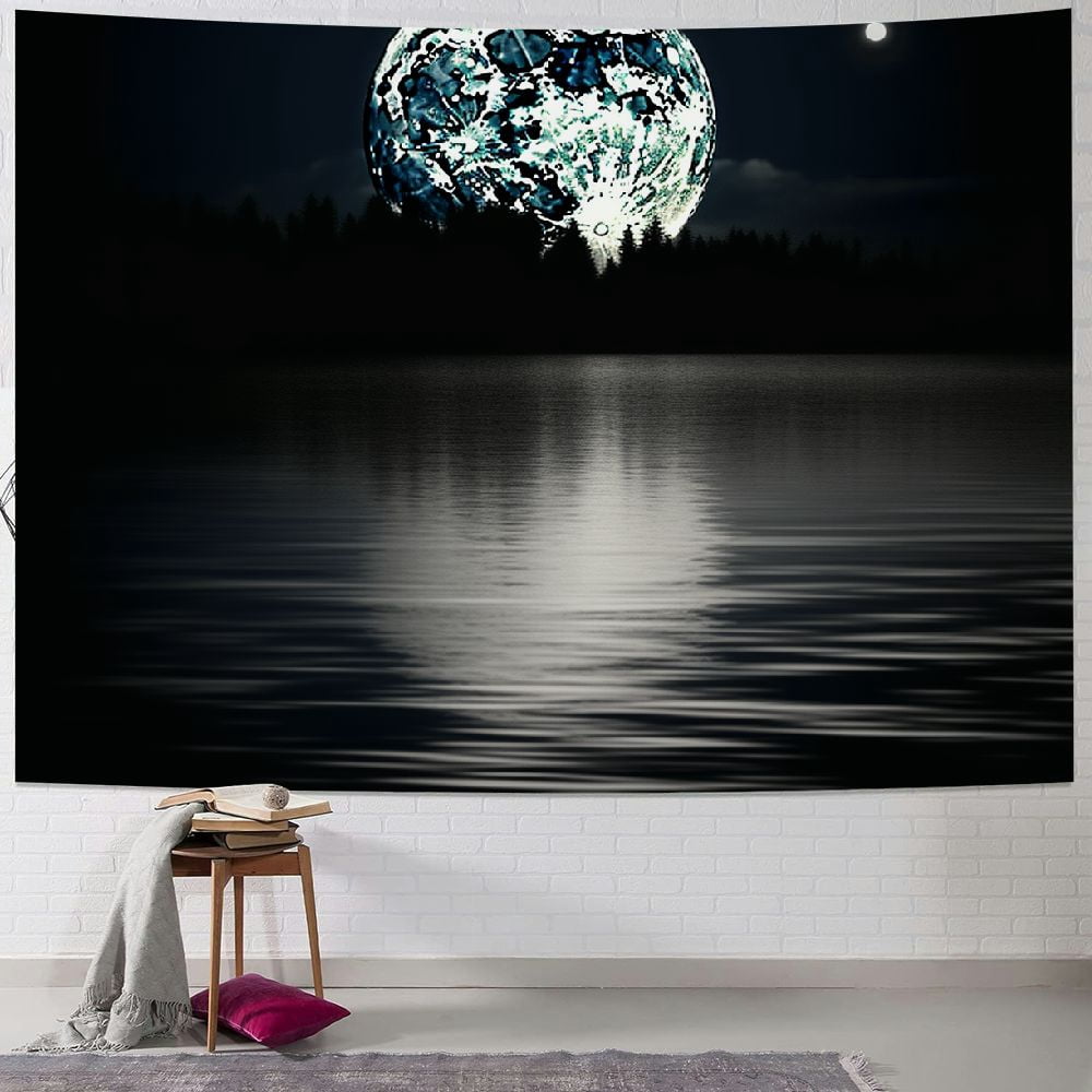 Fenyluxe Small Full Moon Over Ocean Tapestry Wall Hanging, Starry Night ...