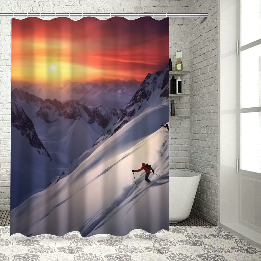 Fenyluxe Snowy Mountain Sunset Printed Shower Curtain with Hooks, Easy ...