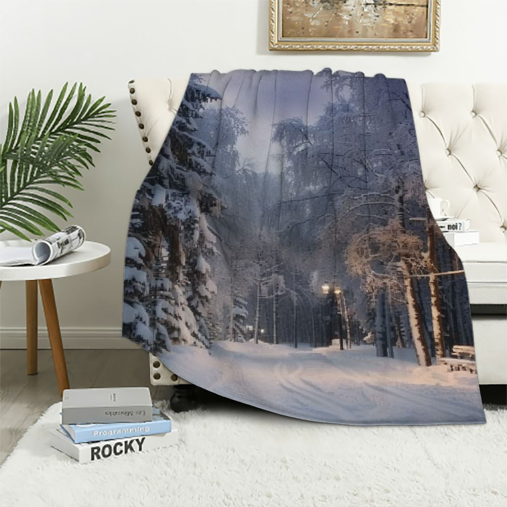 Fenyluxe Snowy Trees Print Flannel Throw Blanket, Lightweight & Wrinkle ...