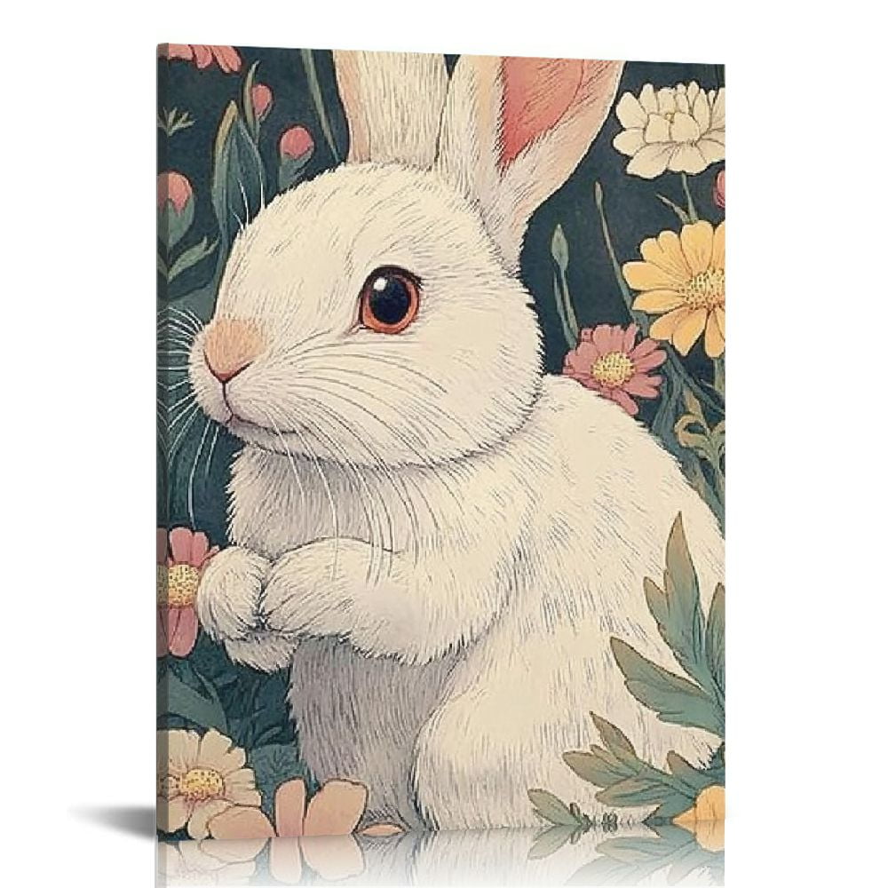 Fenyluxe Spring Rabbit Canvas Wall Art, Colorful Floral Easter Rabbit ...
