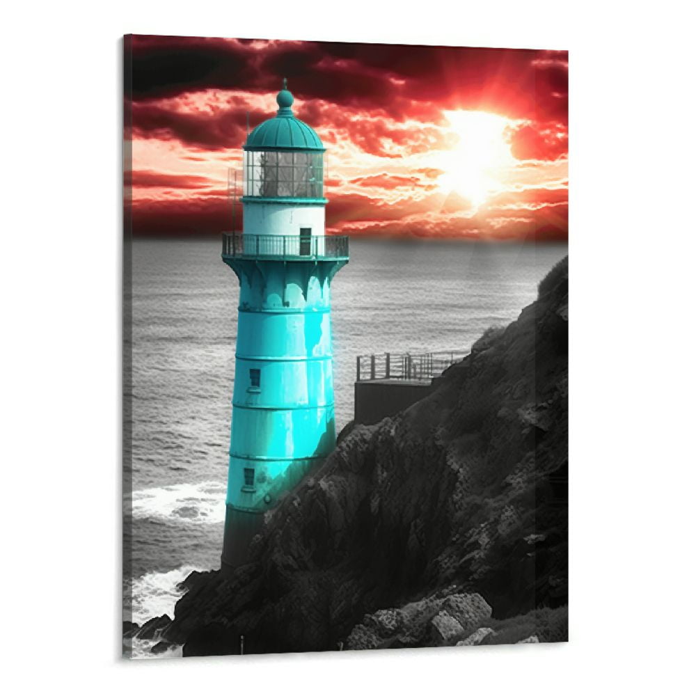 Fenyluxe Teal Canvas Wall Art Summer Ocean Lighthouse Painting Pictures ...