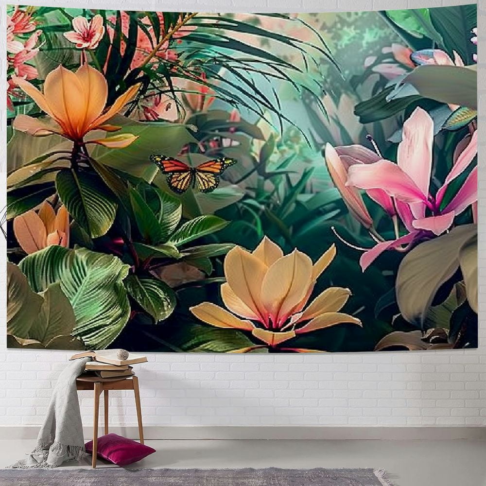 Fenyluxe Tropical Flower Plant Tapestry Wall Hanging, Palm Tree Leaves ...