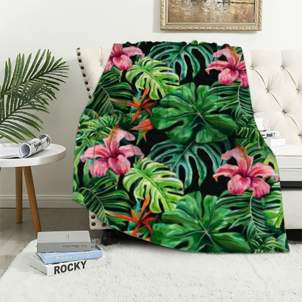 Fenyluxe Tropical Leaves Flowers Pink Flower Throw Blanket Excellent ...