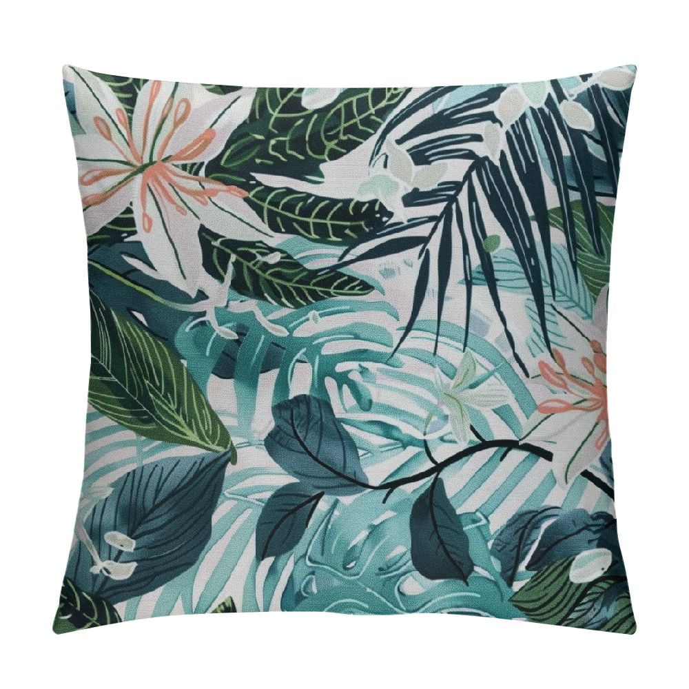 Fenyluxe Tropical Palm Leaf Print Pillow Cover Summer Blue Green Plant ...